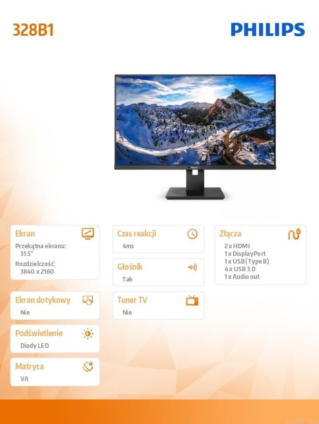 Philips Monitor 328B1 31.5 cala VA 4K HDMIx2 DP Pivot - dobra cena ...